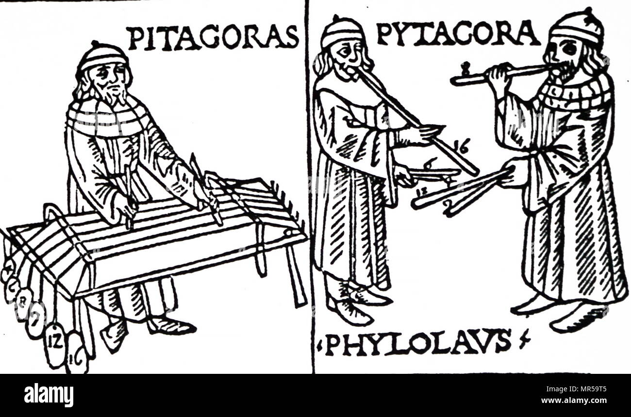 Woodcut engraving depicting Pythagoras shown here using string and wind ...