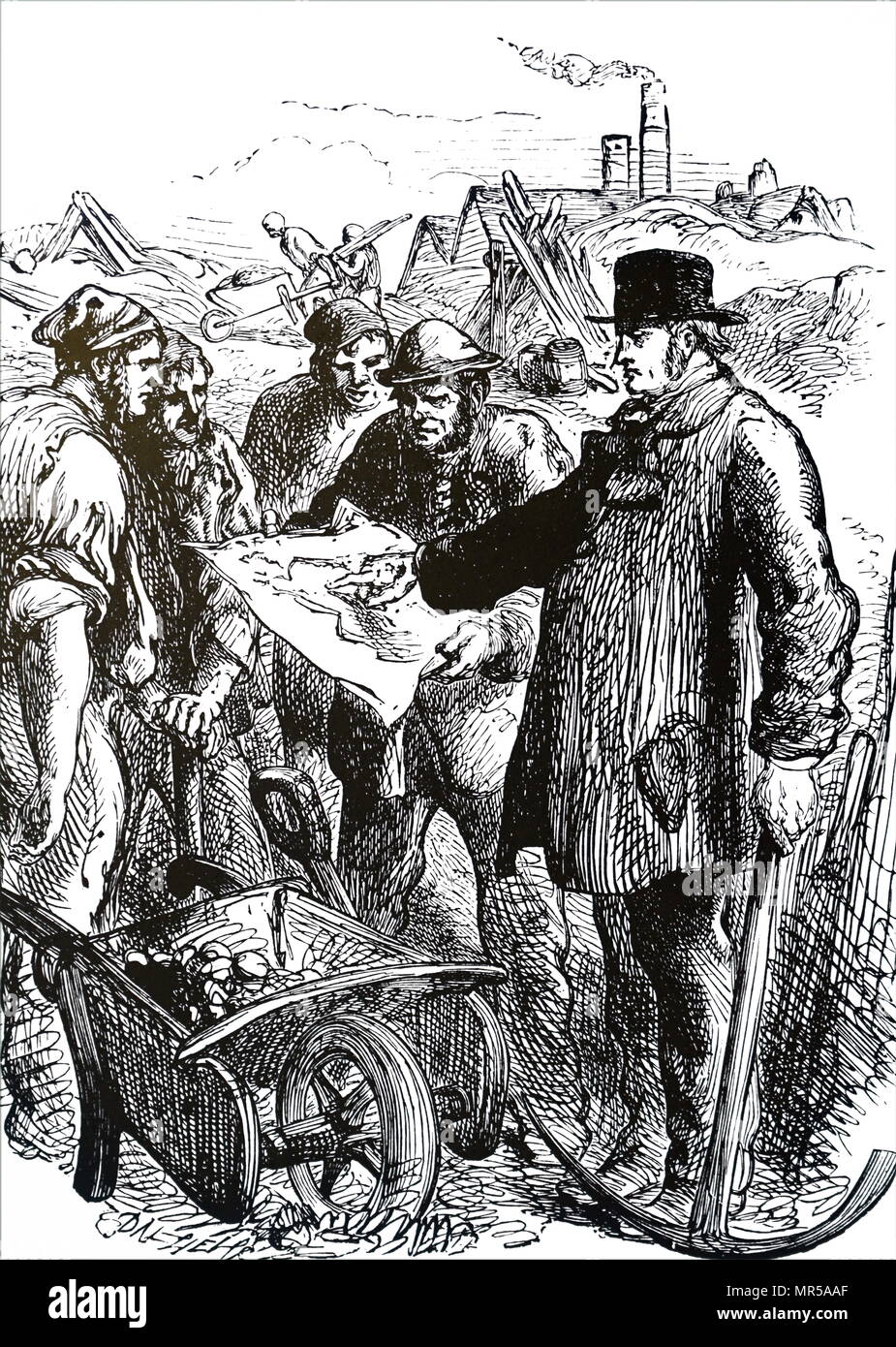 Engraving depicting George Stephenson instructing navvies who were ...