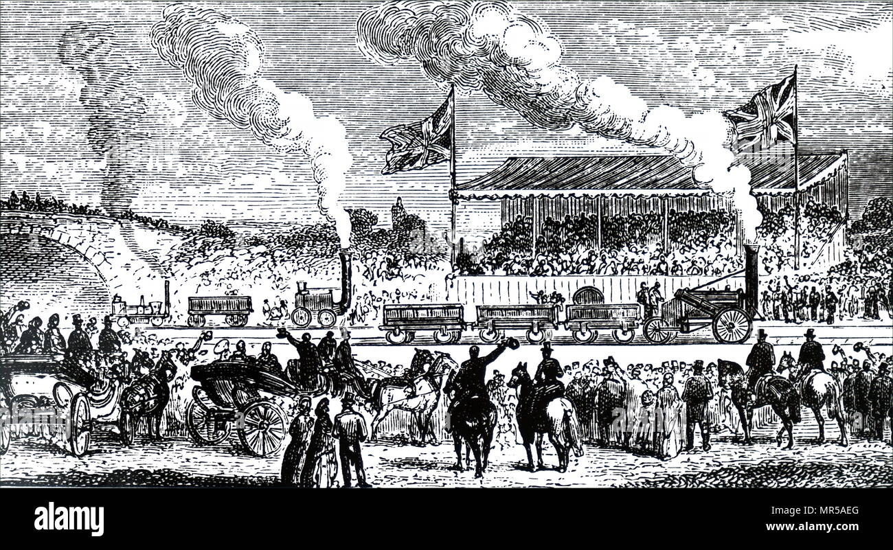 Engraving depicting Robert Stephenson's locomotive 'Rocket' winning the ...