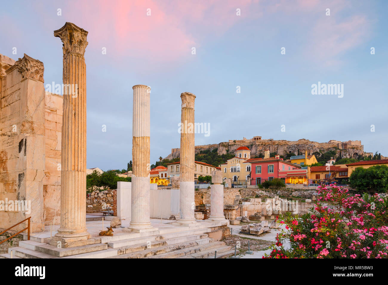 Remains of Hadrian's Library and Acropolis in the old town of Athens ...