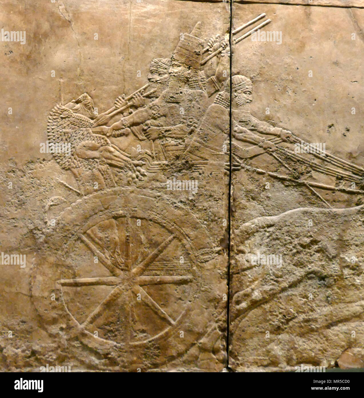 Assyrian wall relief depicting the royal lion hunt. Assyrian, about 645 ...