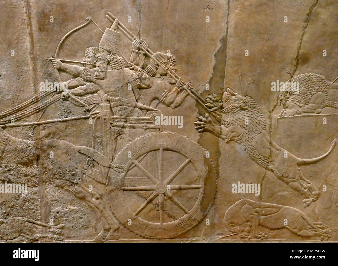Assyrian wall relief depicting the royal lion hunt. Assyrian, about 645 ...