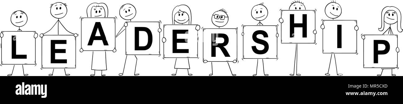 Cartoon of Businessmen and Businesswomen Holding Signs With Leadership ...