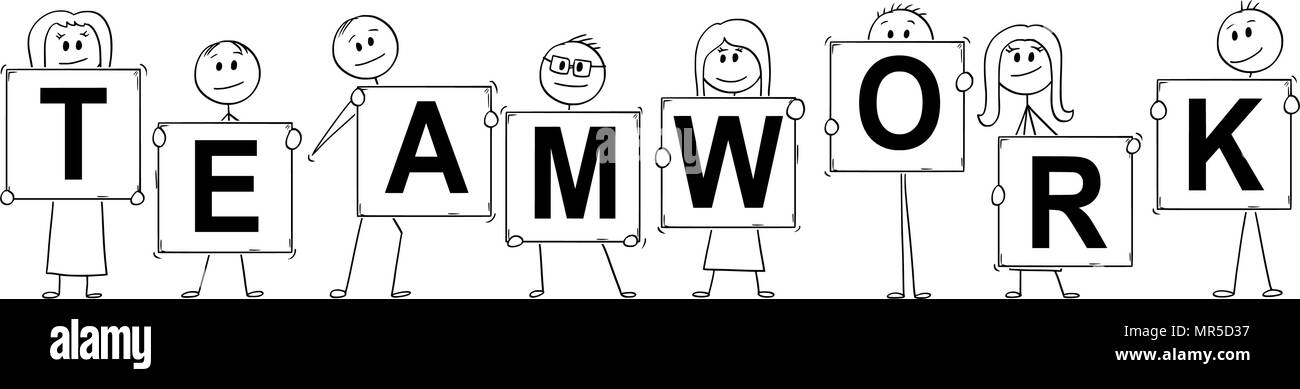 Cartoon of Businessmen and Businesswomen Holding Signs With Teamwork ...