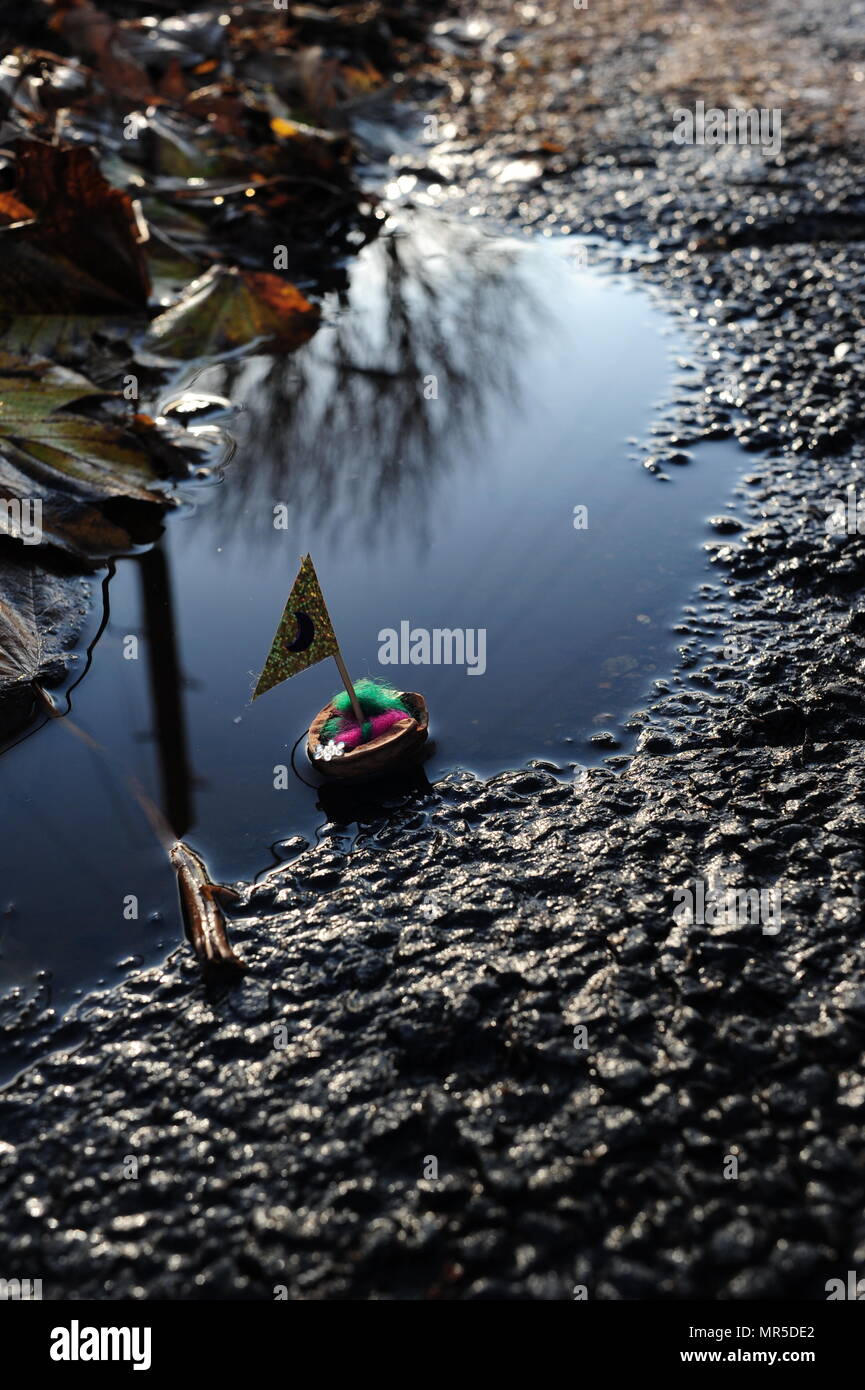 Tiny walnut shell boat setting sail across a puddle of rain water Stock ...