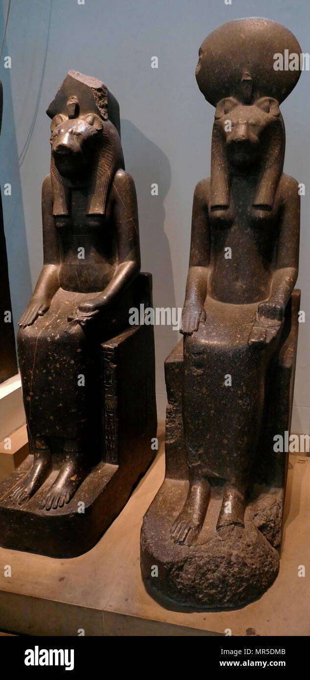 Black granite statues of the goddess Sakhmet, from the Temple of Mut ...