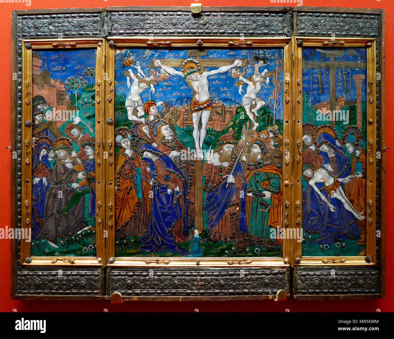 Triptych with the Carrying of the Cross, the Crucifixion and the Lamentation. French, enamelled ...