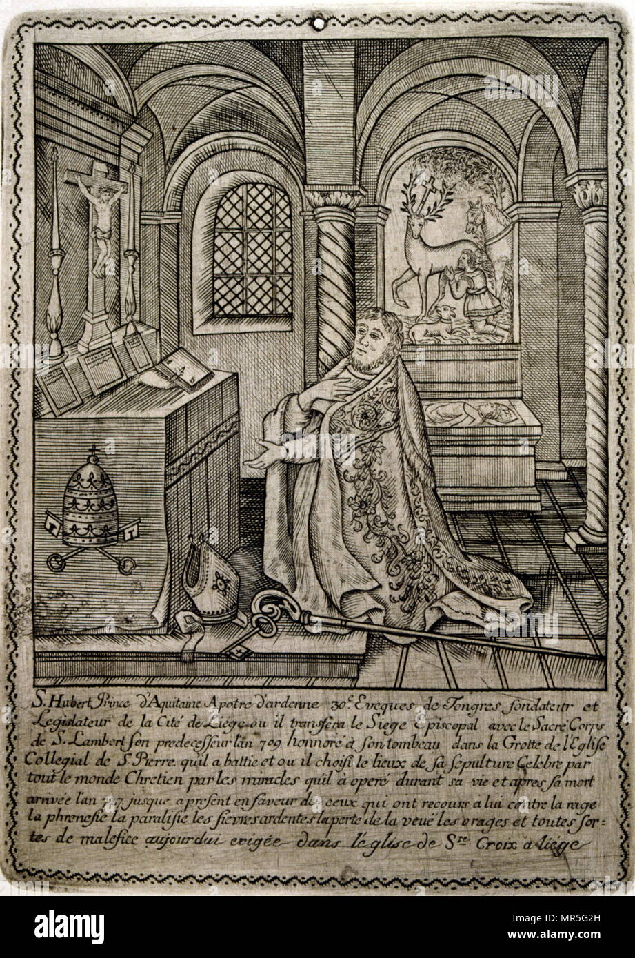 French 18th century illustration of Saint Hubertus or Hubert (c. 656 ...