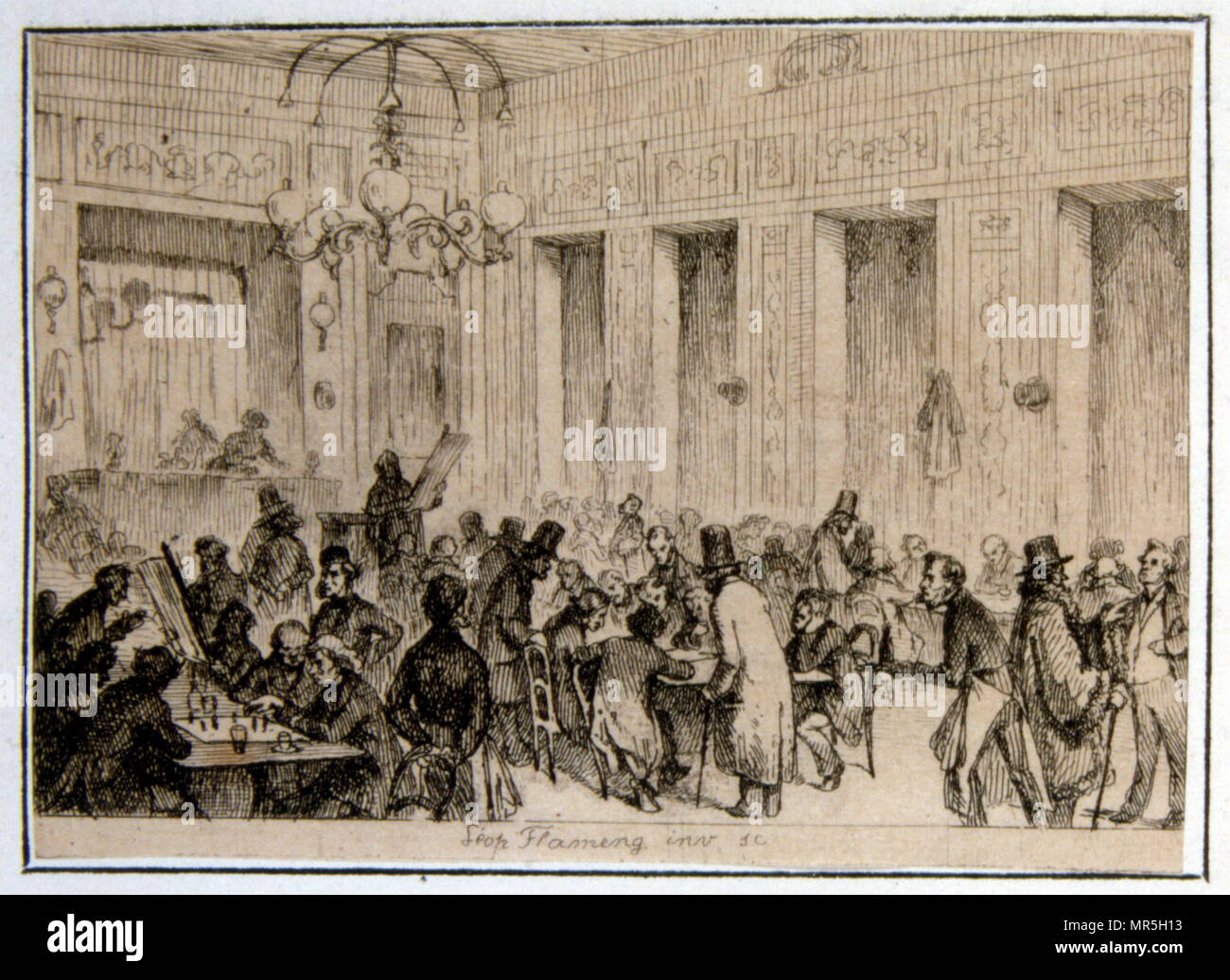 19th century cartoon of a French restaurant or café with many customers ...