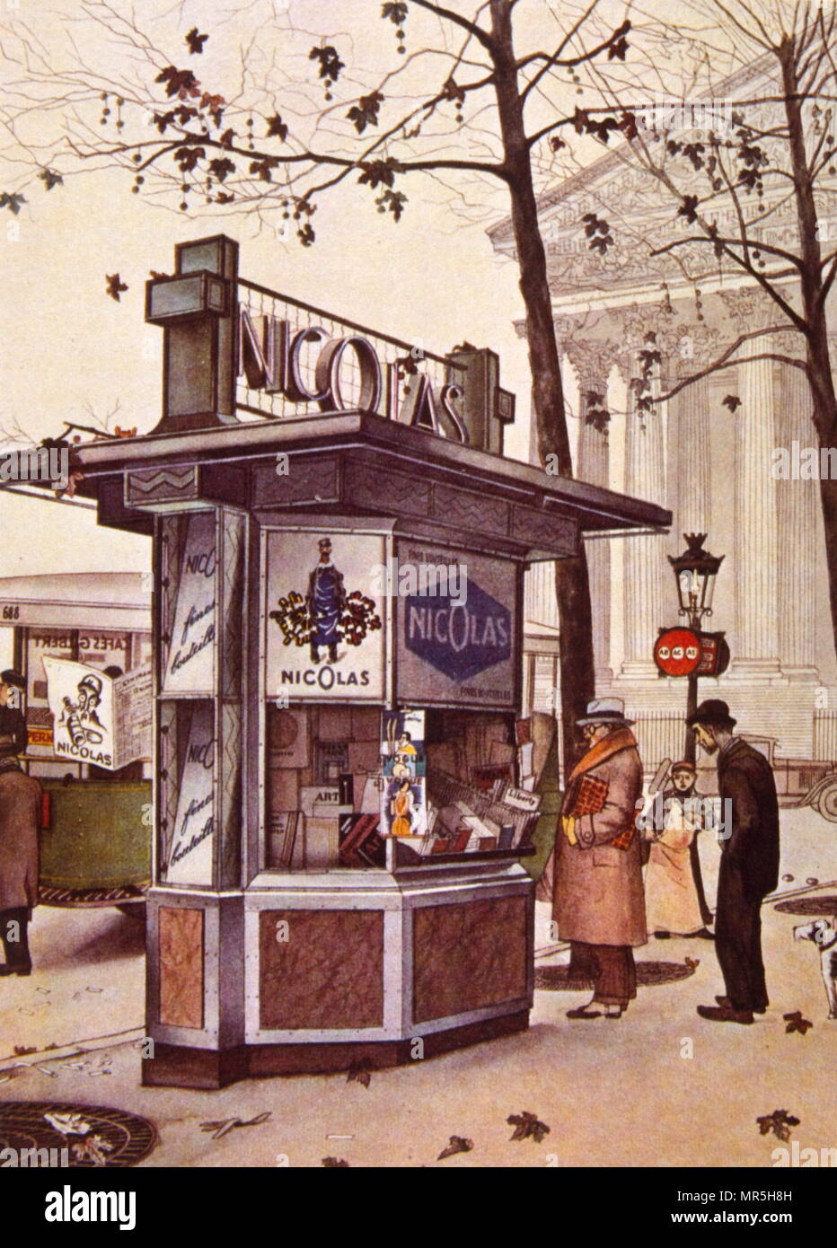 French poster depicting a street shop or stand in Paris, selling wine ...
