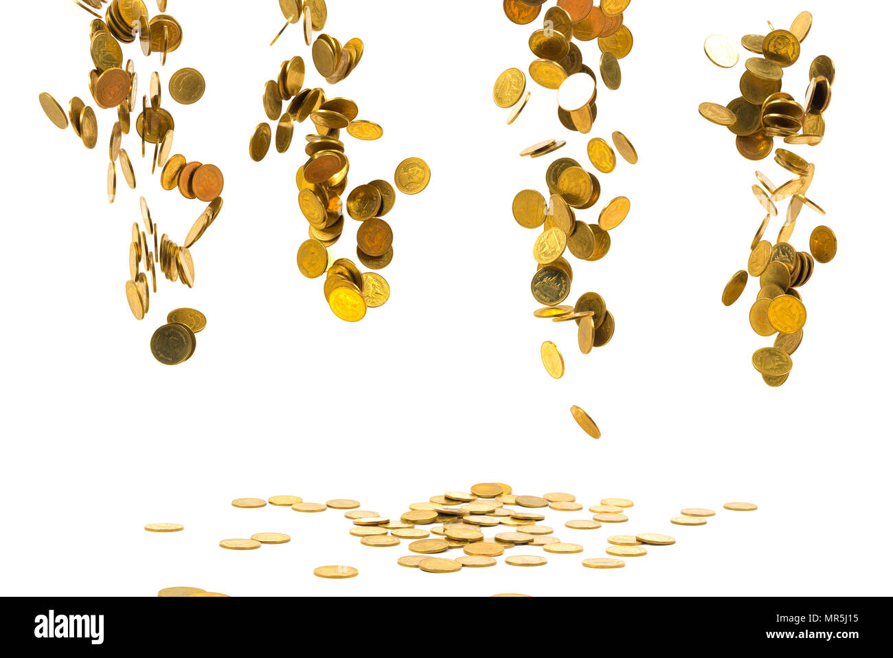 Falling gold coins money isolated on the white background, business ...