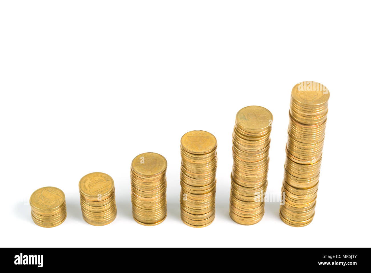 Increasing columns of coins, step of stacks coin isolated on white ...
