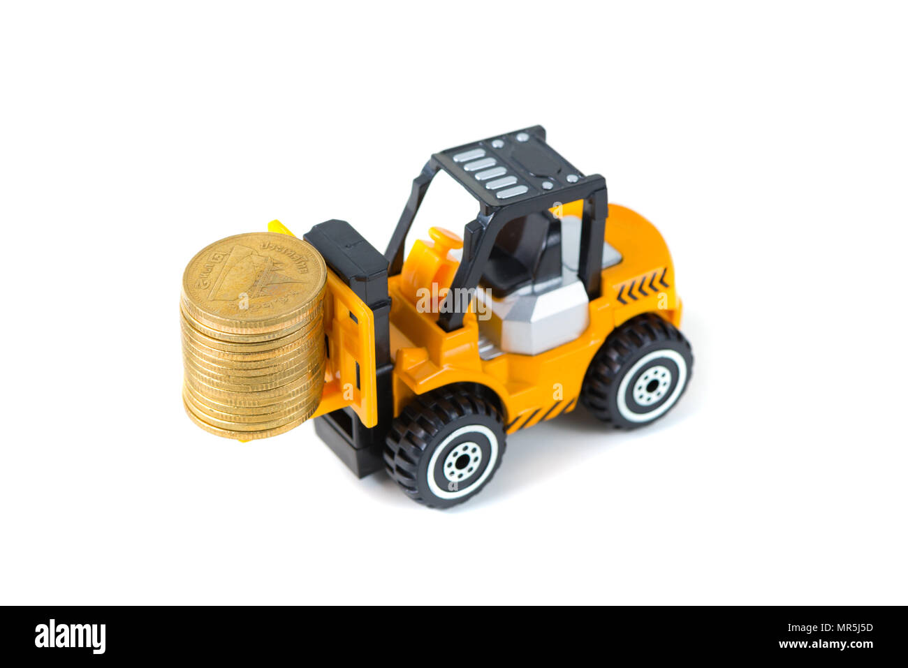 Mini forklift truck loading stack coin with steps of gold coin ...