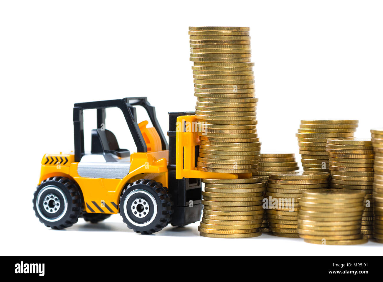 Mini forklift truck loading stack coin with steps of gold coin ...