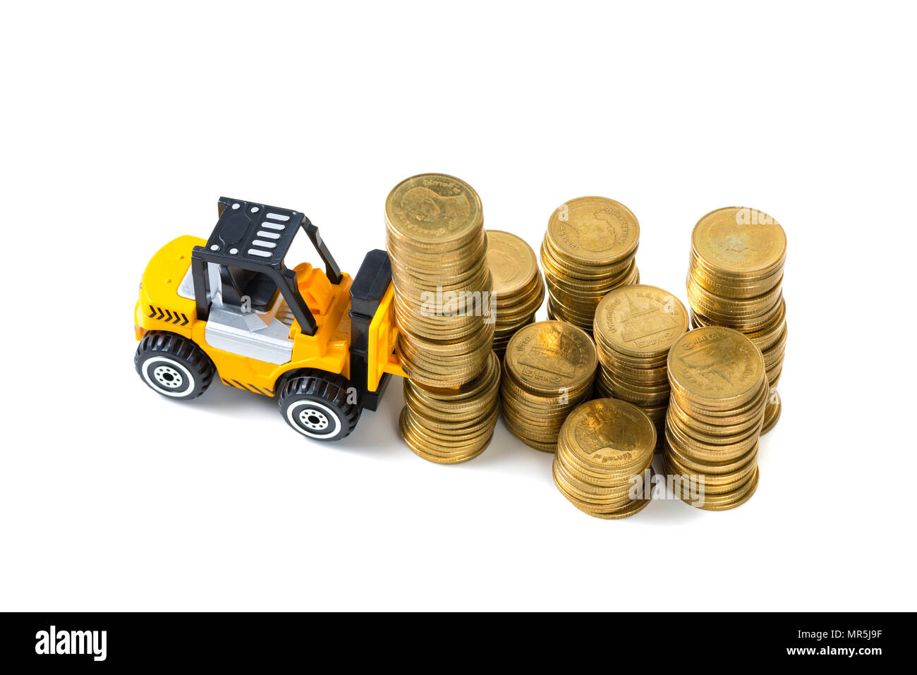 Mini forklift truck loading stack coin with steps of gold coin ...