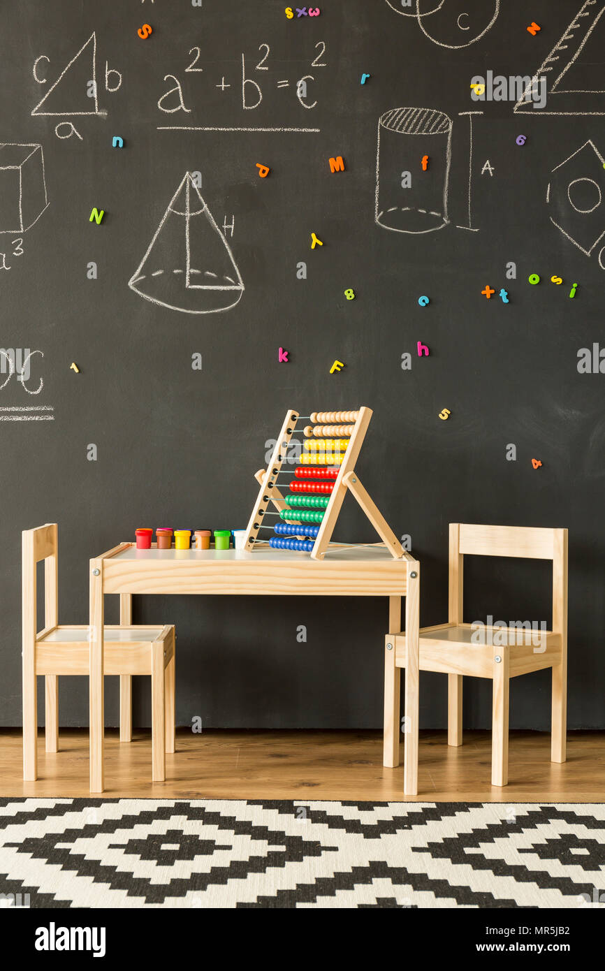 Shot of a small wooden desk with chairs and mathematics formulas on the ...
