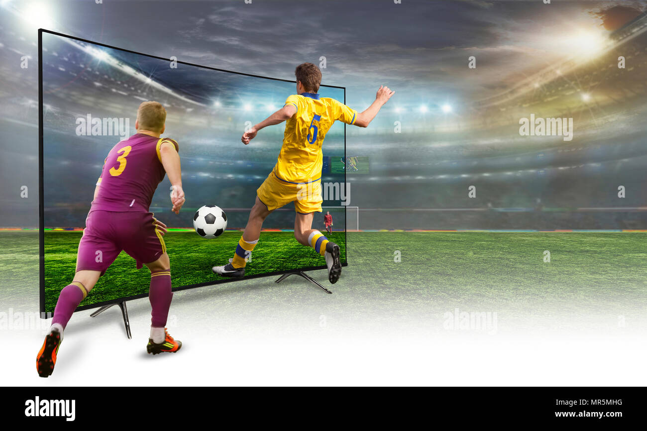 4k monitor watching smart tv translation of football game. Concept ...