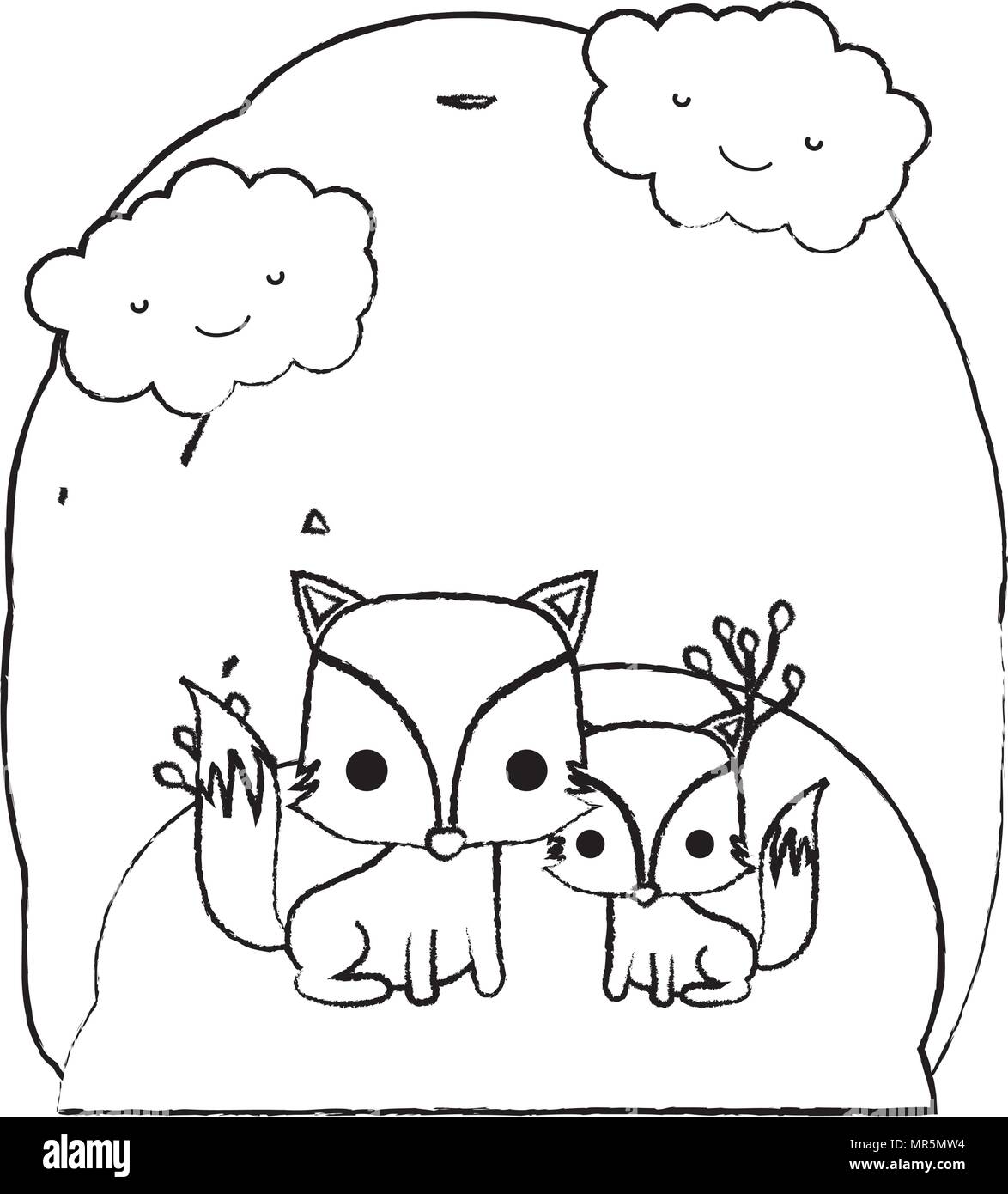 grunge cute fox father with his child in the landscape Stock Vector ...