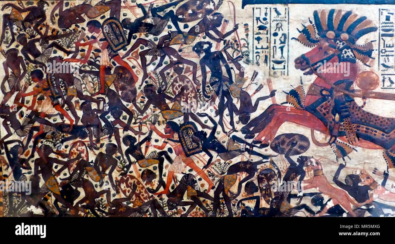 18th dynasty, Egyptian wooden chest depicting a hunting scene on one ...