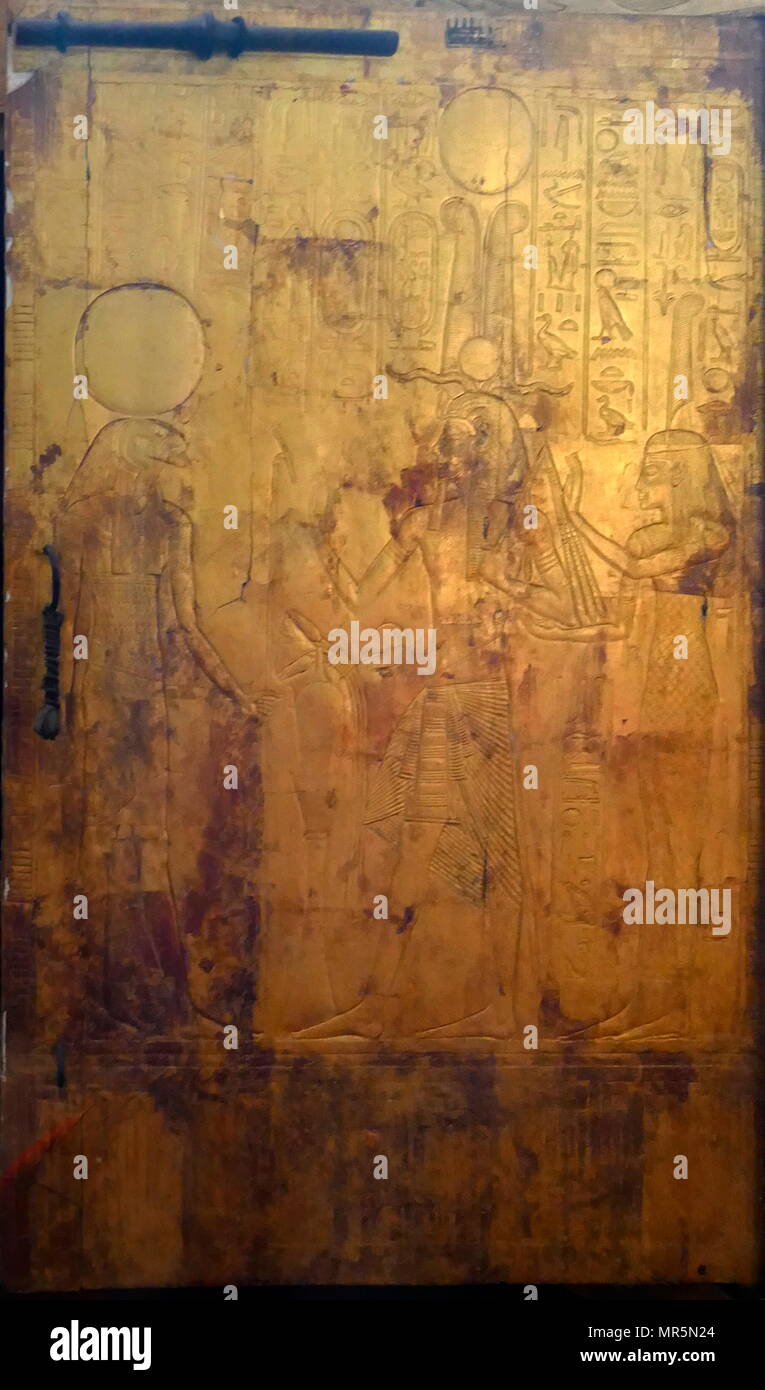 Detail from the gilded case housing the canopic shrine and jars of King ...