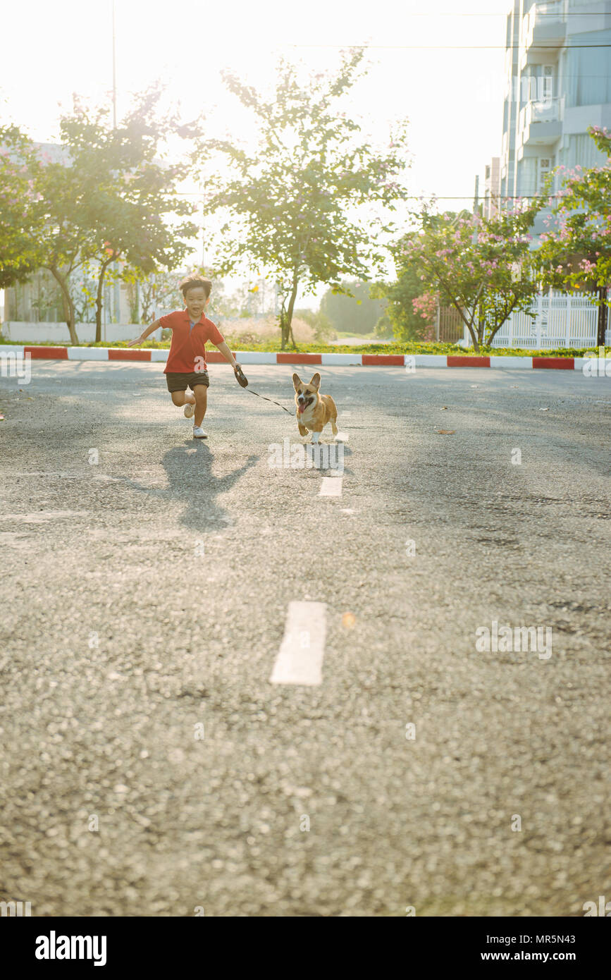 Kid boy runs on street with his pet dog Stock Photo - Alamy