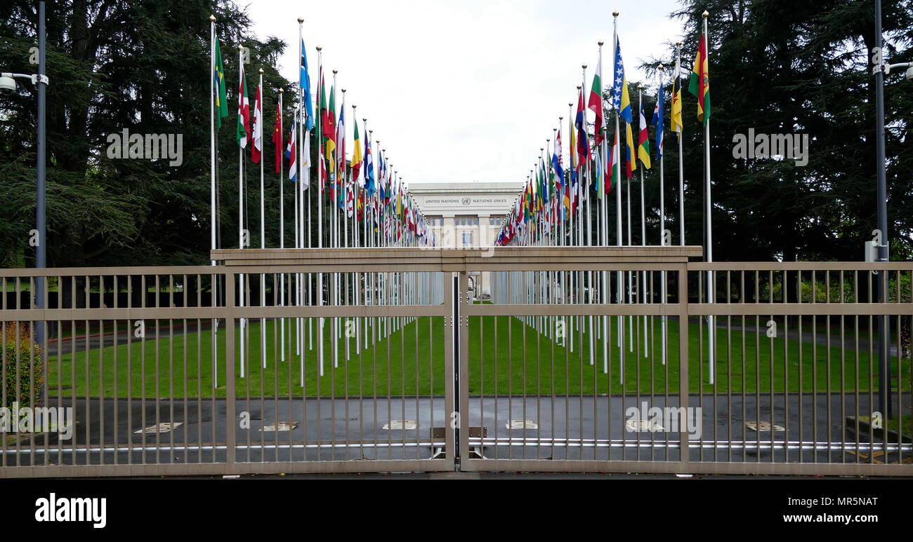 Entrance to the United Nations Headquarters, Geneva, Switzerland. This ...