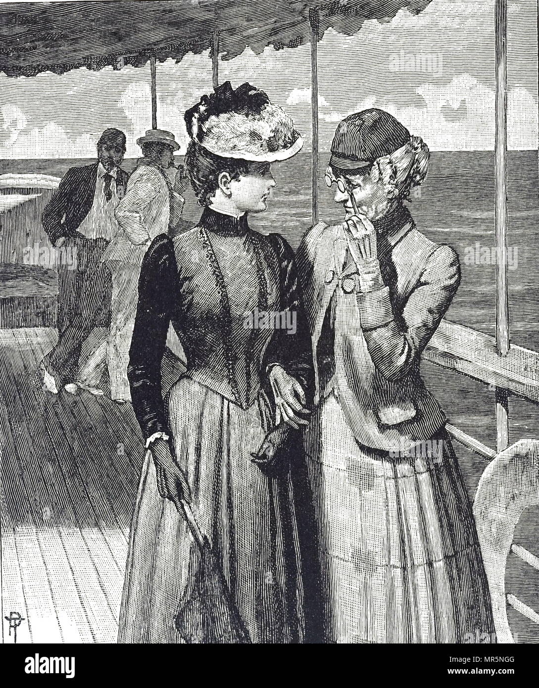 Engraving depicting an elderly woman using a lorgnette as she speaks ...