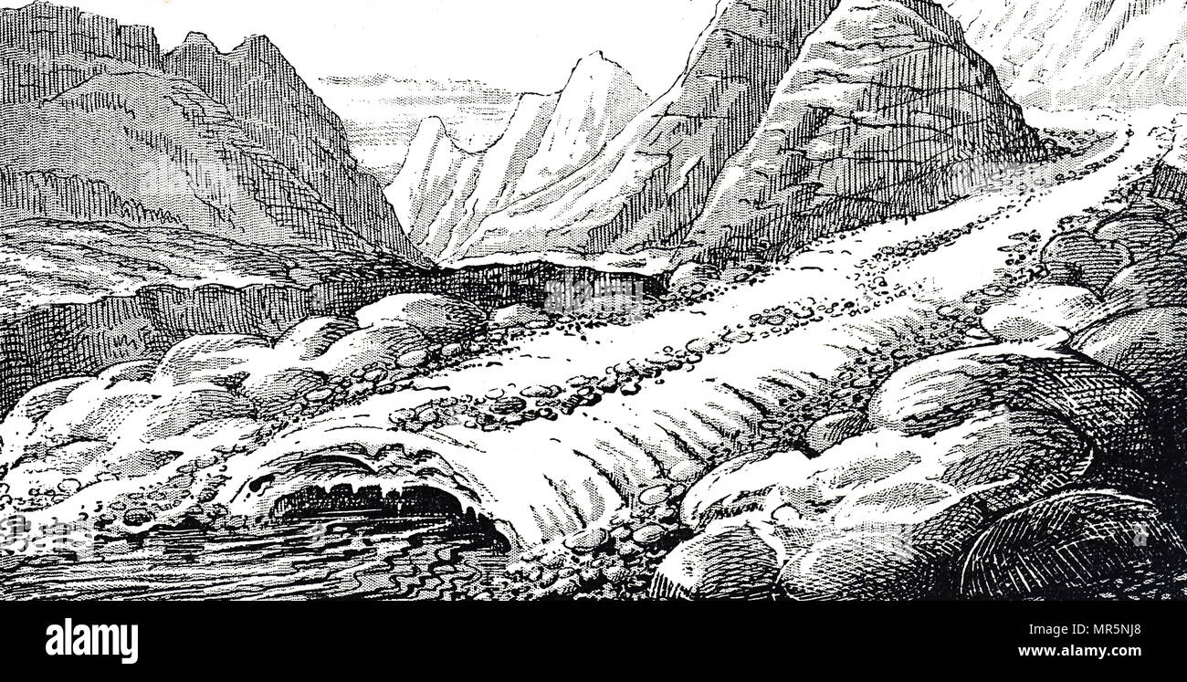 Engraving depicting a glacier showing longitudinal lines of rocks and ...