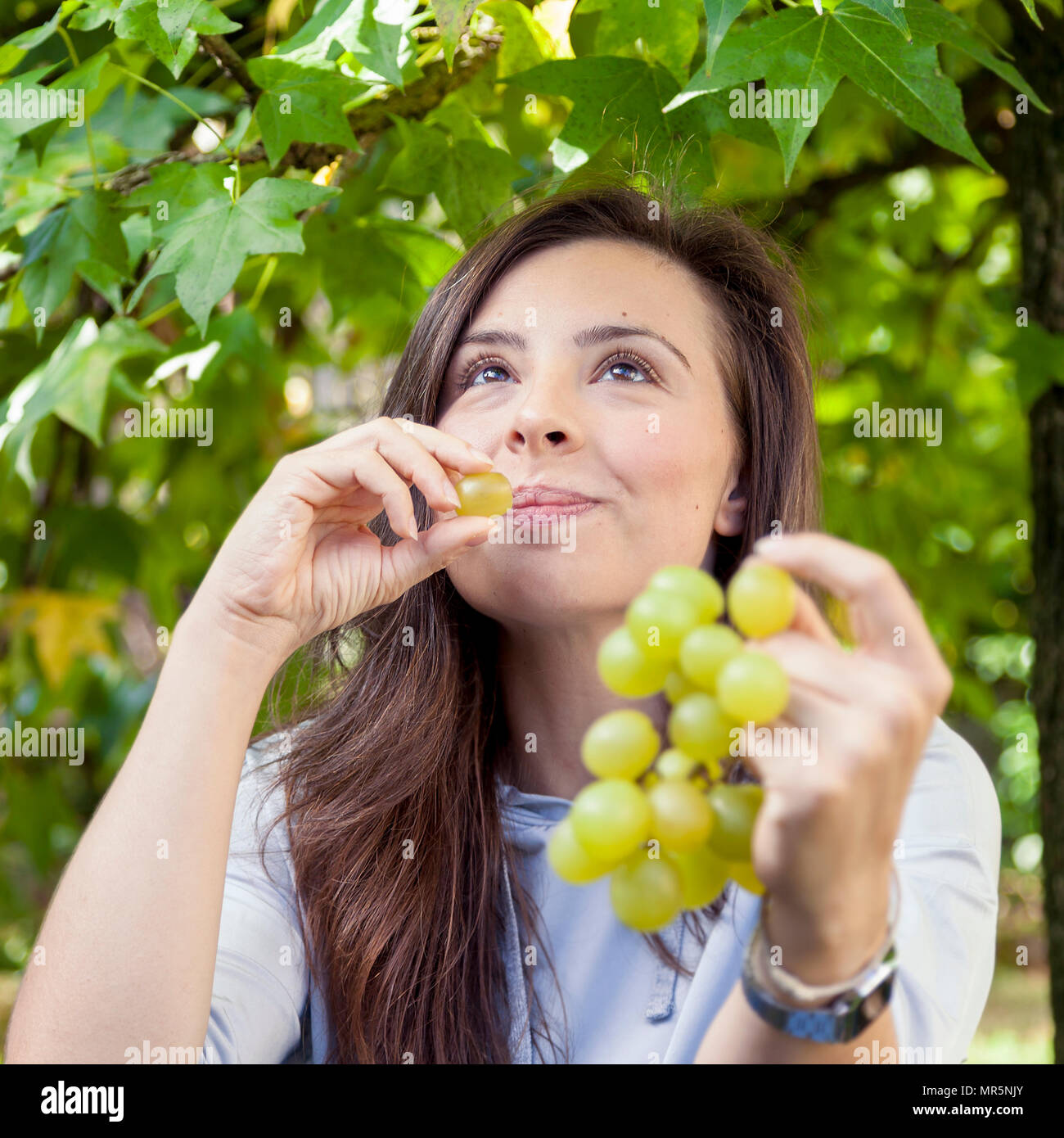 young beautiful girl sitting under a tree eating grapes Stock Photo - Alamy