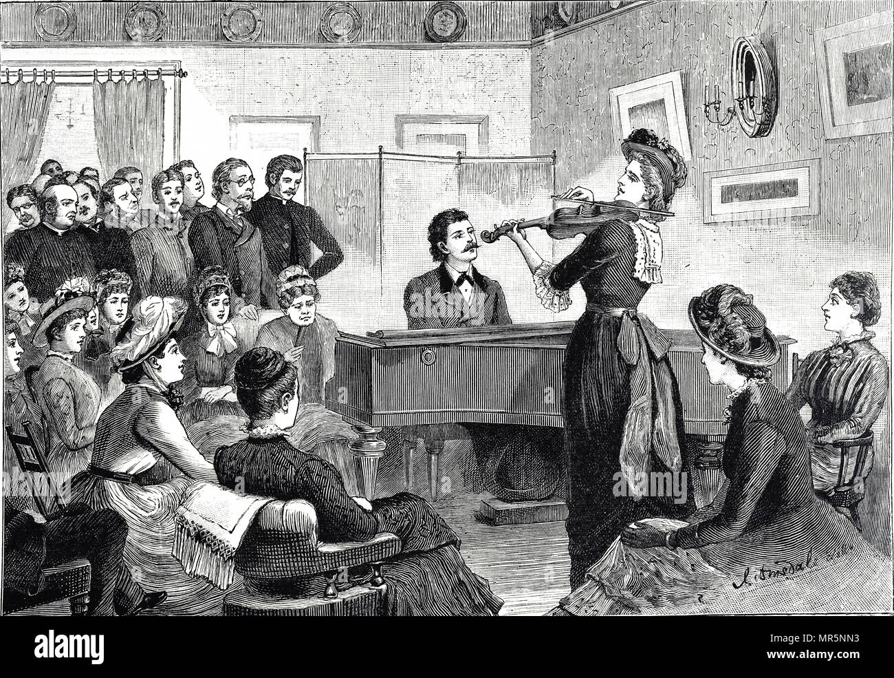 Engraving depicting a woman playing the violin to an gathering in her ...