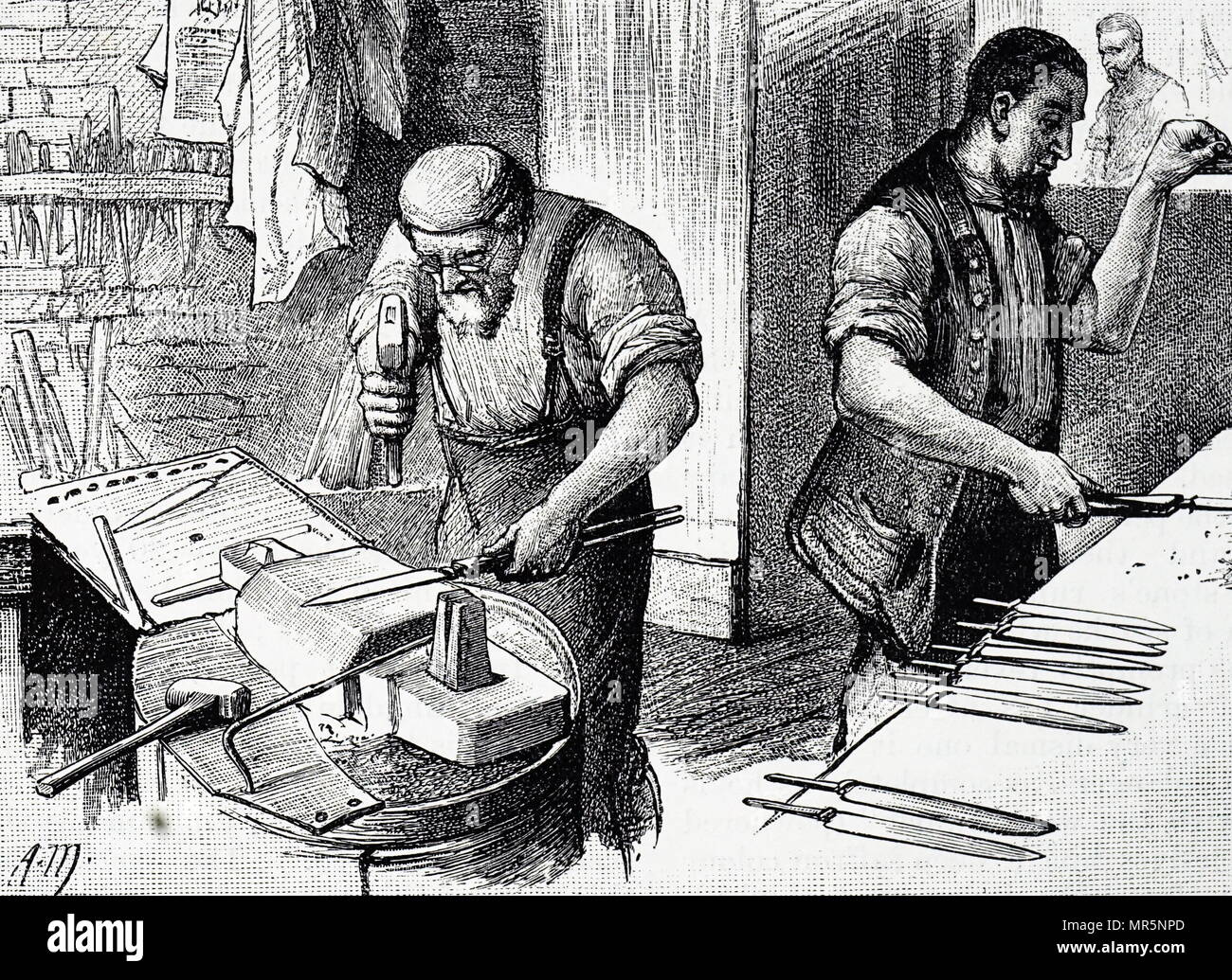 Engraving depicting the forging knife blades. Dated 19th century Stock ...