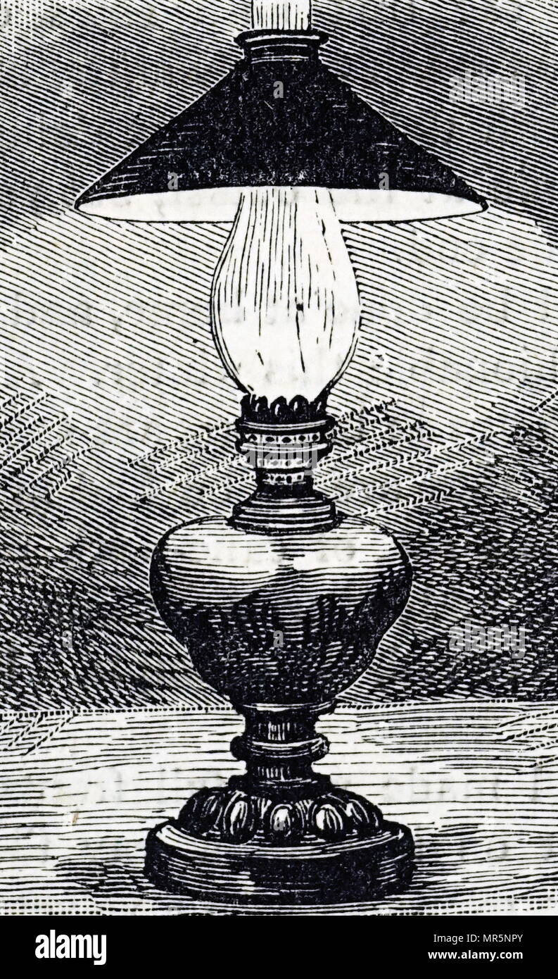 Engraving depicting an oil table lamp fitted with a shade. Dated 19th ...