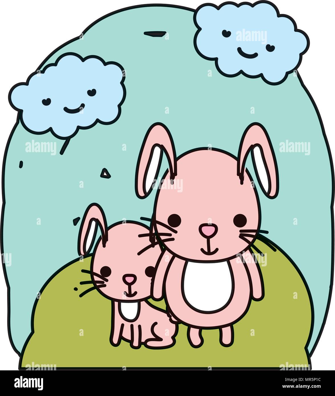 color rabbit father with his cute child in the landscape Stock Vector ...