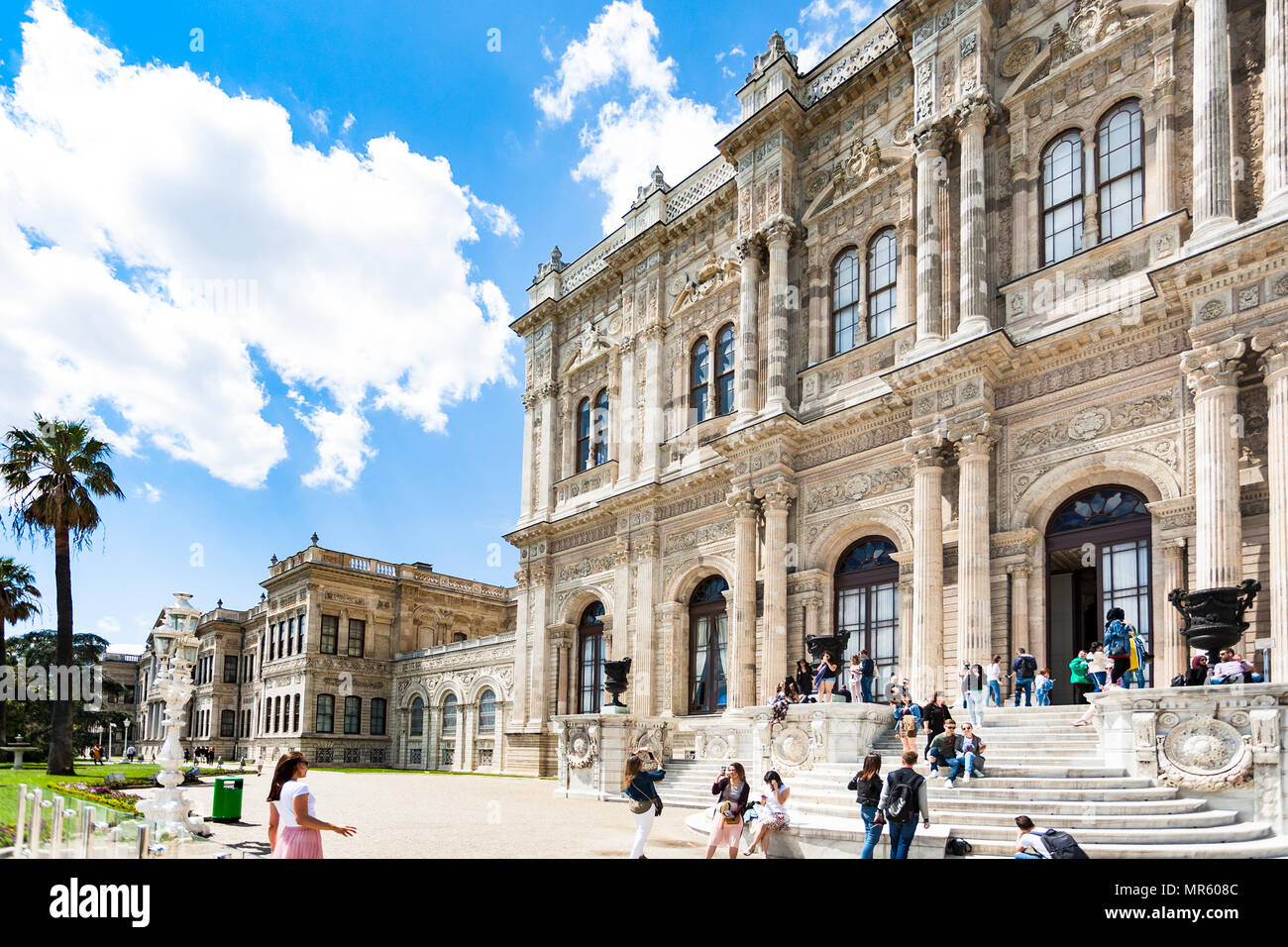 ISTANBUL, TURKEY - MAY 13, 2018: visitors near Dolmabahce Palace in ...