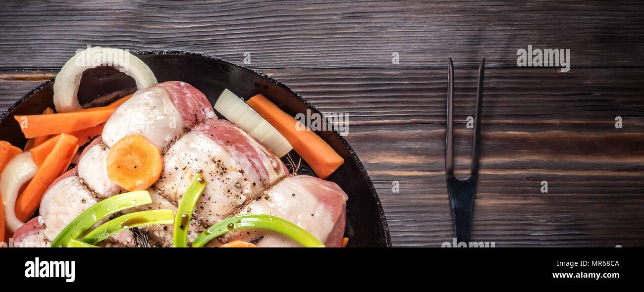Raw pork chop marinated meat roll with coarse sea salt pepper assorted ...