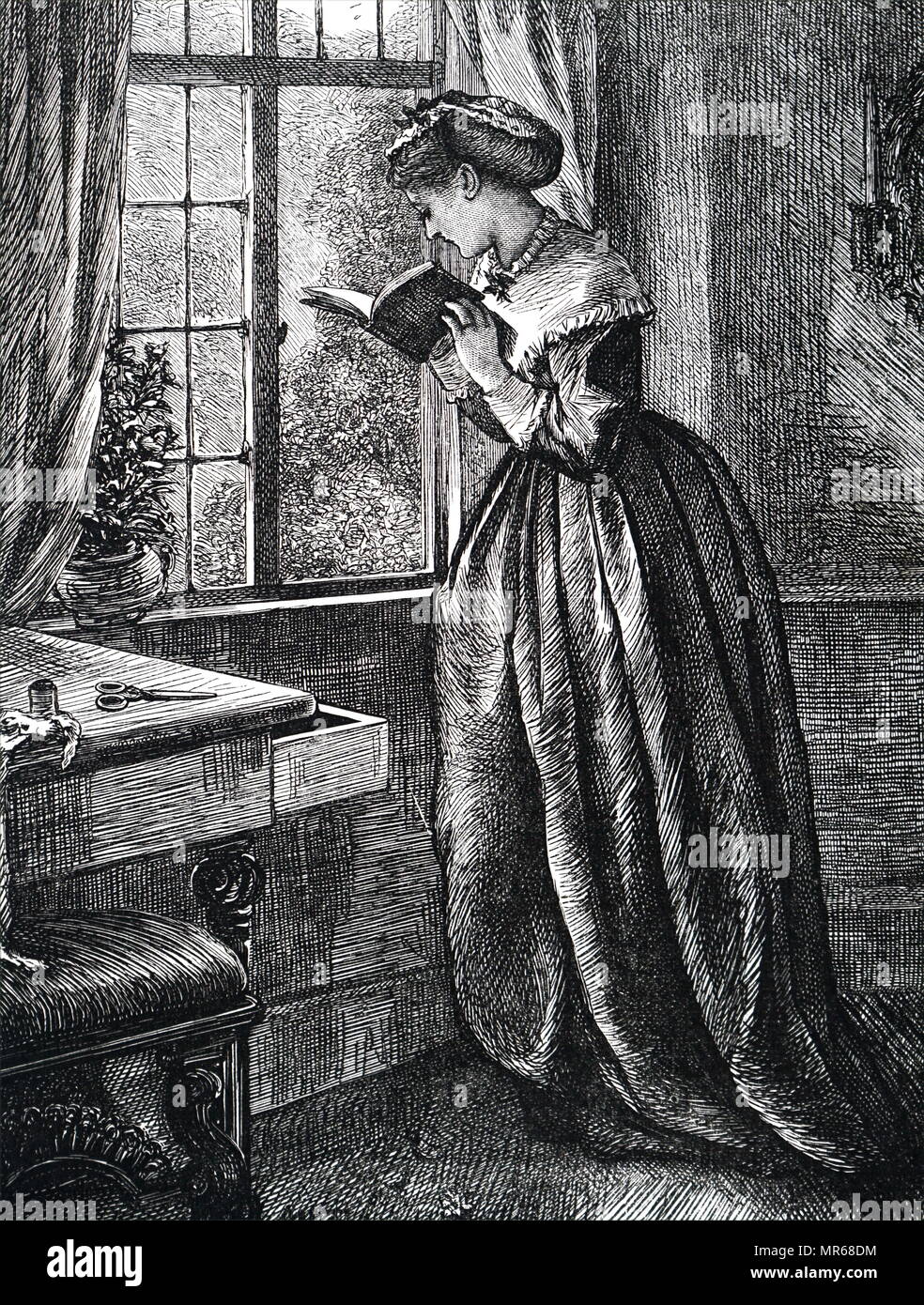 Illustration depicting a young woman reading by an open window ...