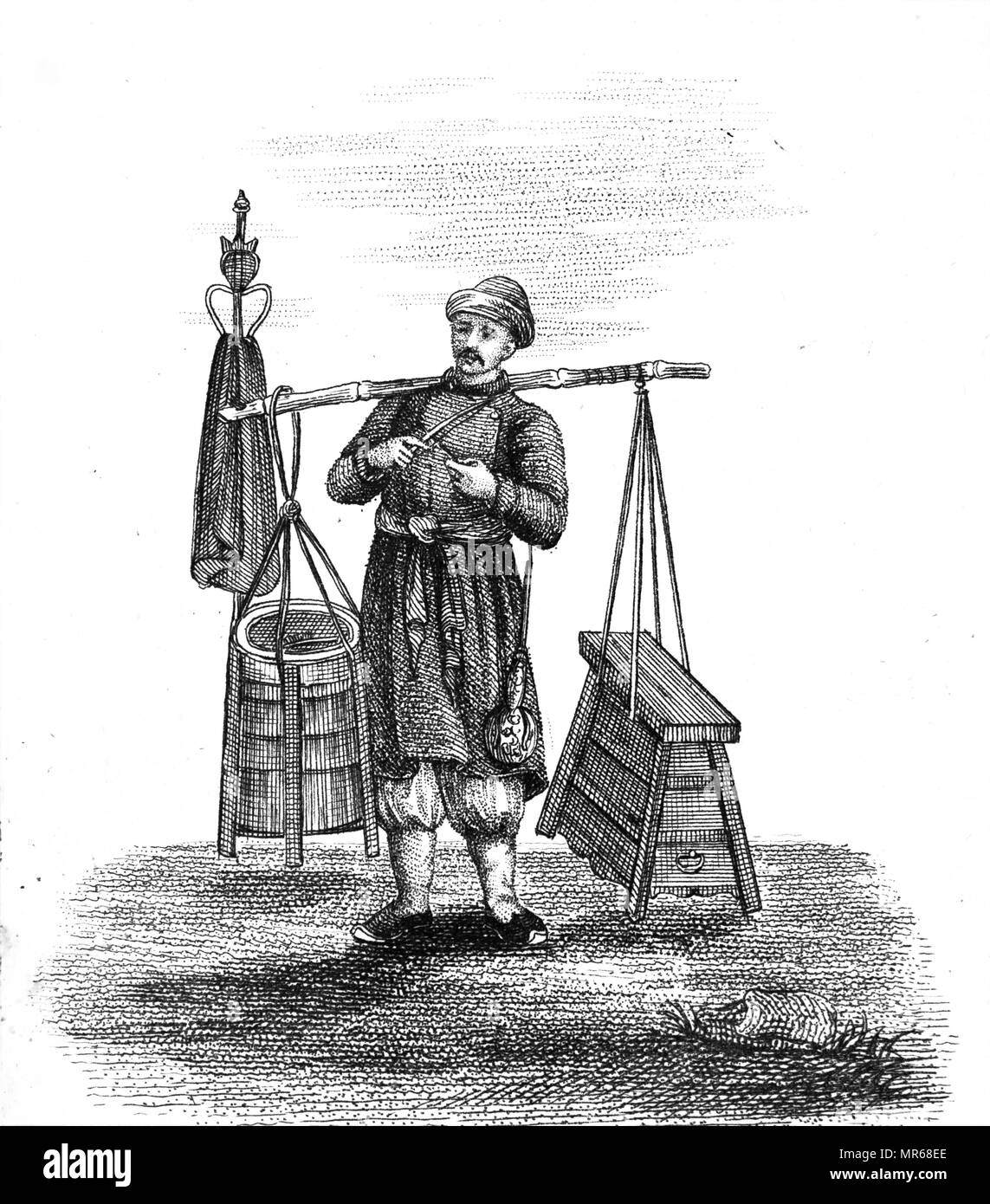 Engraving depicting a Chinese barber sharpening his razor. Dated 19th ...