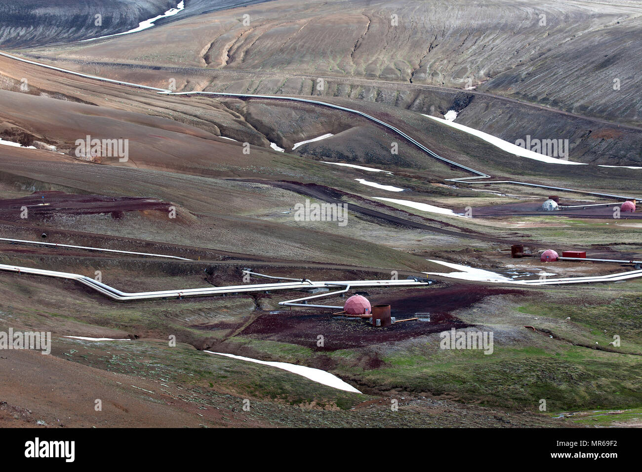 Pipelines of the geothermal power plant Krafla in volcanic landscape ...