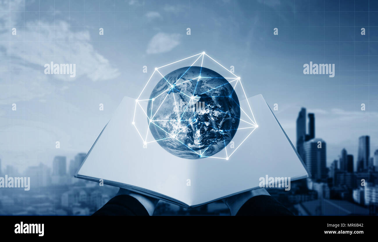 Hand opened book and global with network connection. Elements of this ...