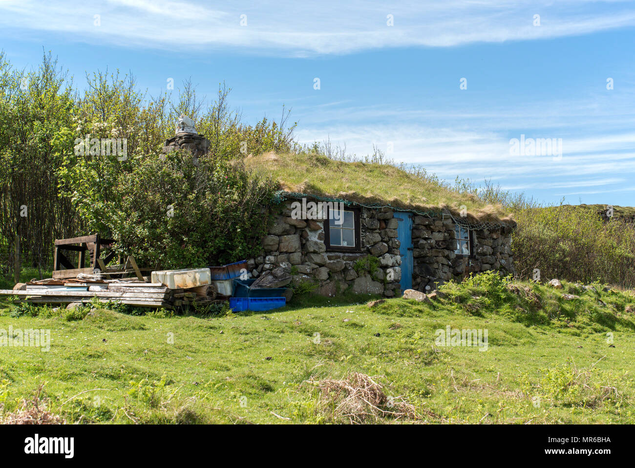 Sod roof house, Isle of Muck, The Small Isles, Inner Hebrides, Scotland ...