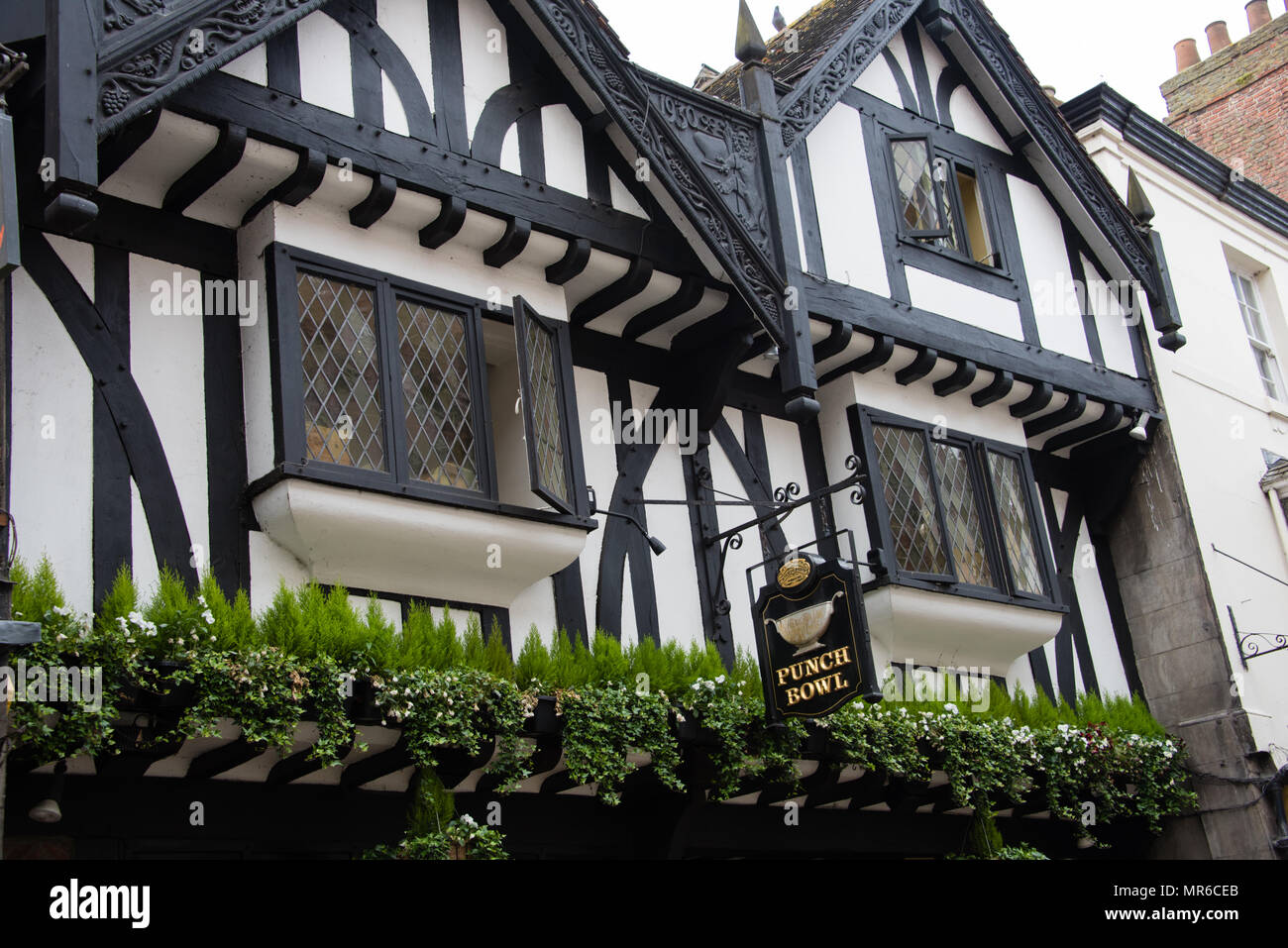 The sagging beams of a timber framed building in York show the midieval ...