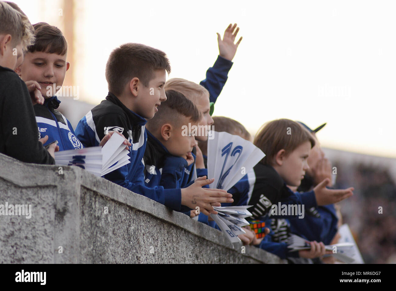 MINSK, BELARUS - MAY 23, 2018: Little fans react during the Belarusian ...