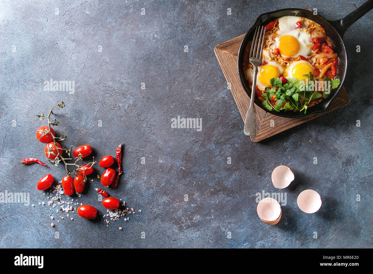 Traditional Israeli Cuisine dishes Shakshuka. Fried egg with vegetables ...