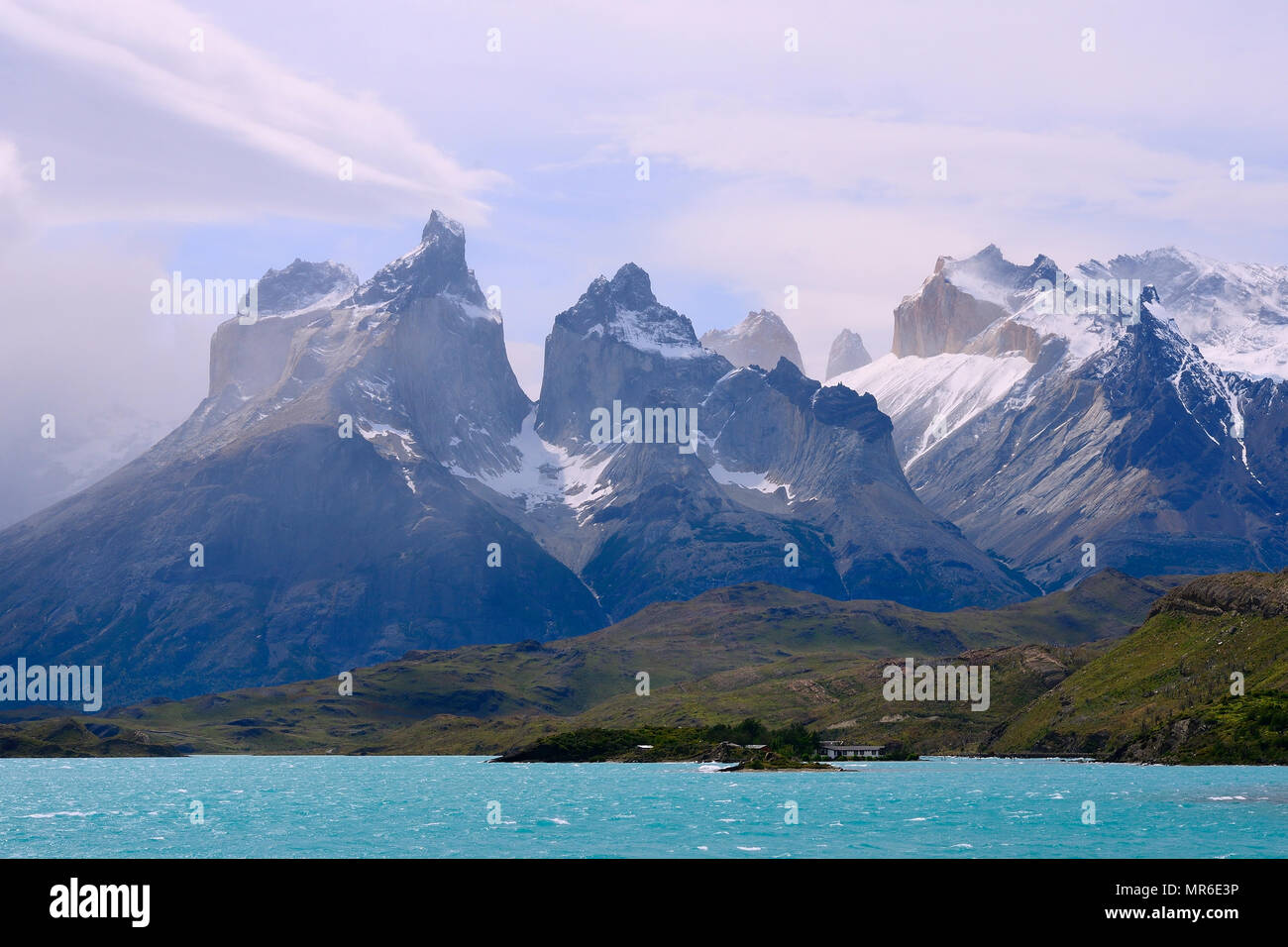 Cuernos del Paine massif with clouds on Lake Pehoé, Torres del Paine National Park, Última ...