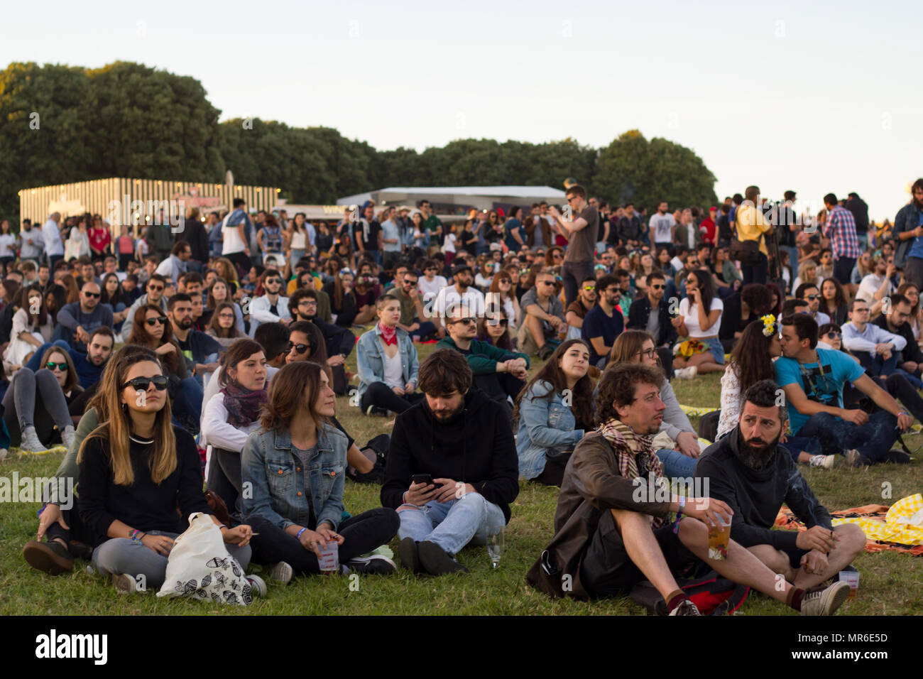 Crowd watching a festival concert seated on grass Stock Photo - Alamy