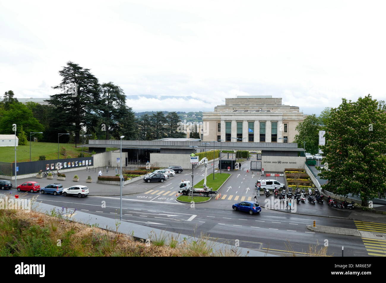 Entrance to the United Nations Headquarters, Geneva, Switzerland. This ...