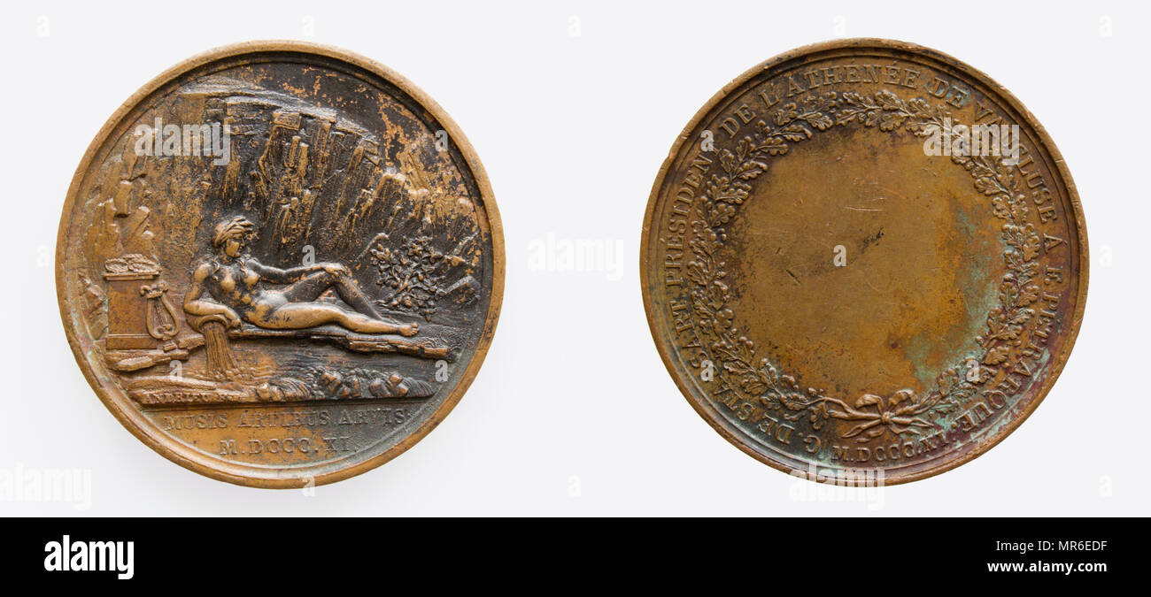 RECLINING NUDE FEMALE AS RIVER PERSONIFICATION. MEDALLION. 1811 Stock ...