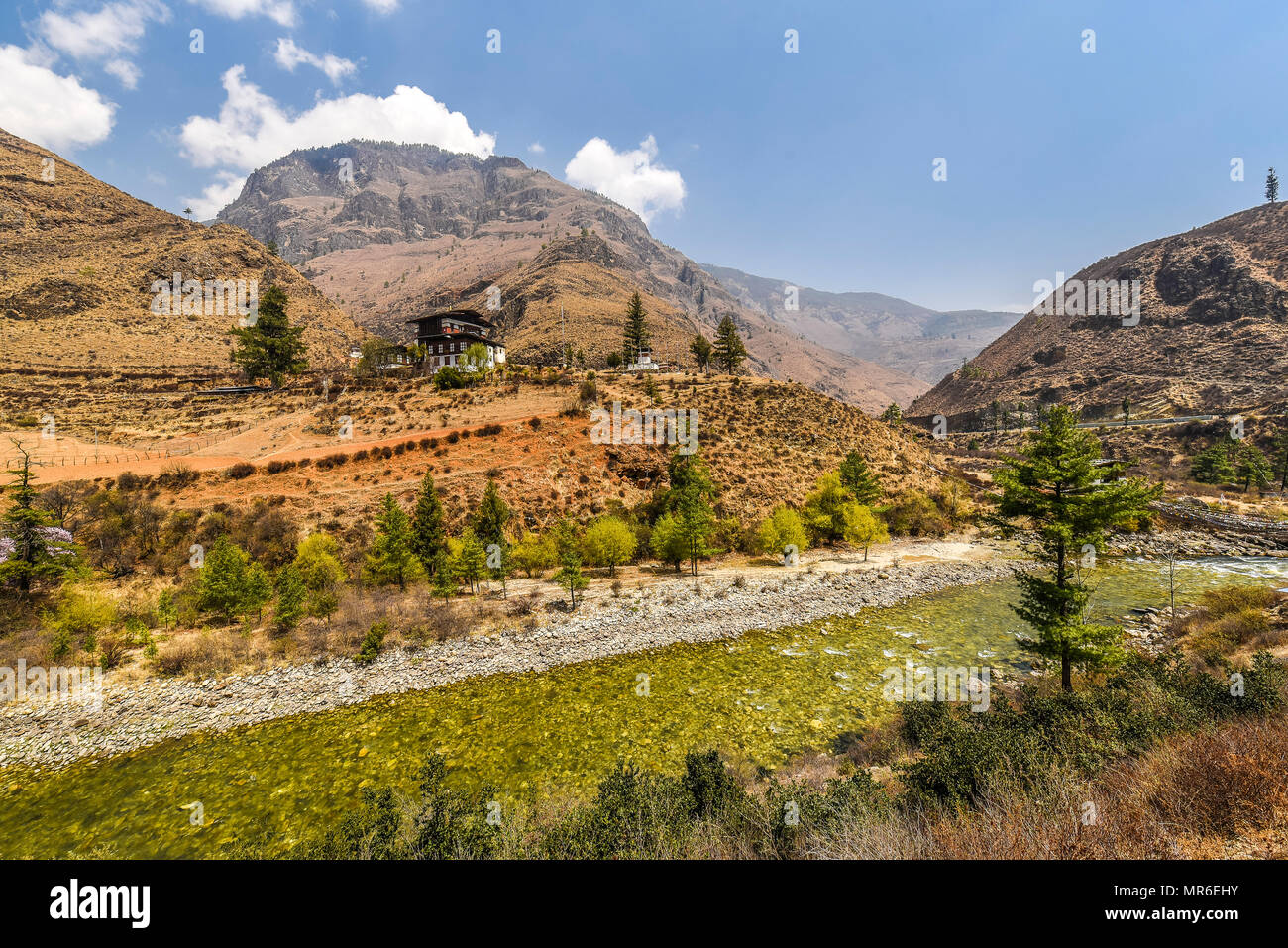 Tamchog Lhakhang Monastery on the Paro River, Paro Valley between Paro ...