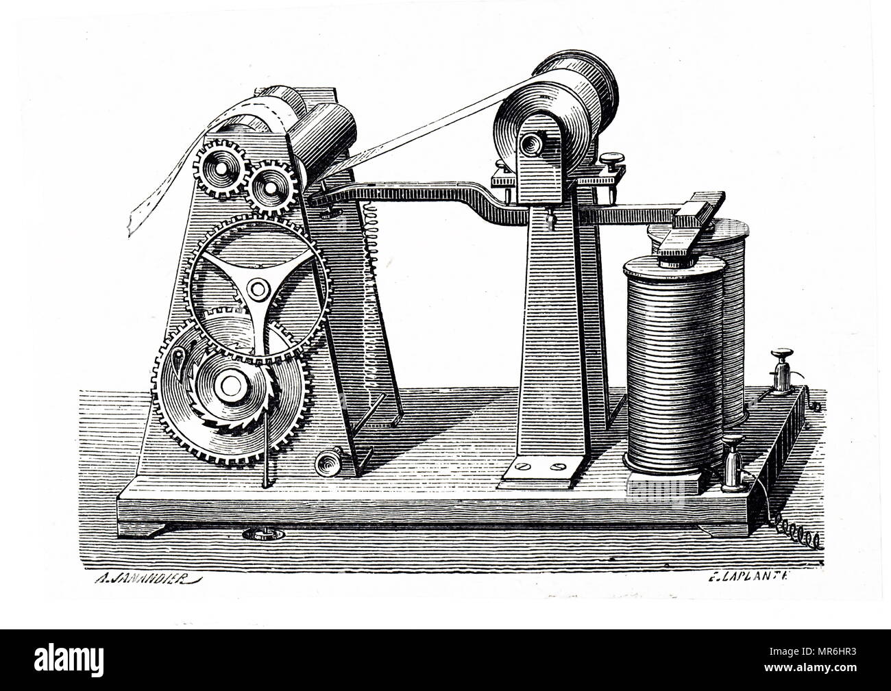 Engraving depicting an operator receiving a message on a Morse ...