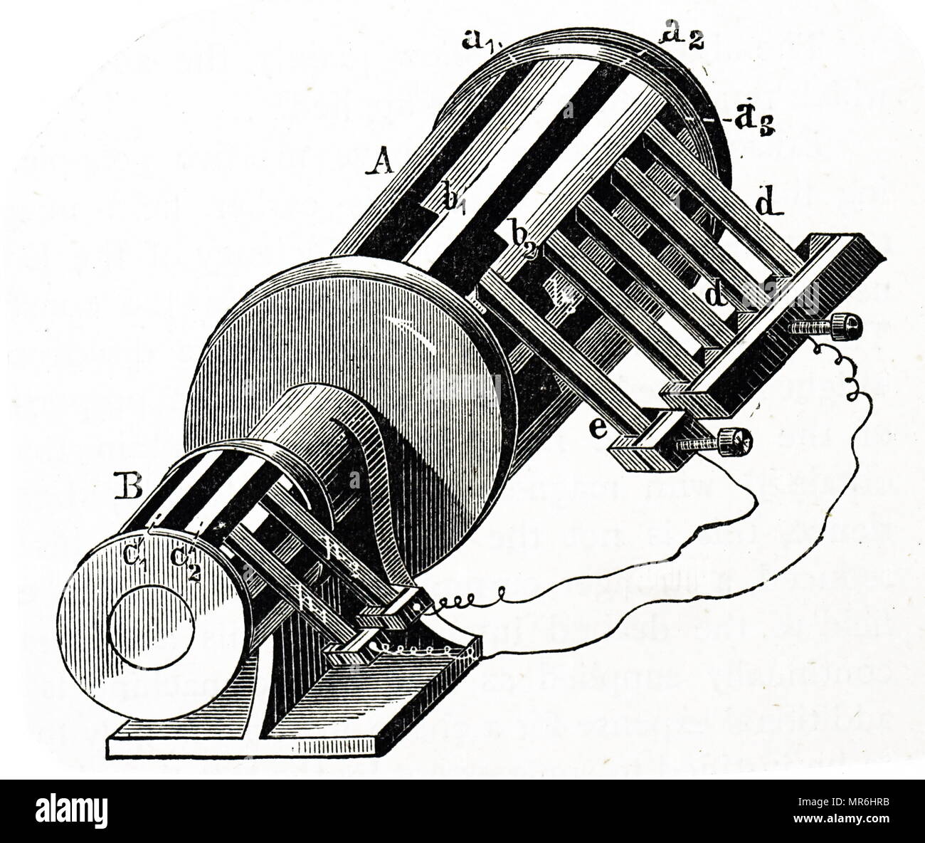 Engraving depicting Edison's commutator. Thomas Edison (1847-1931) an ...